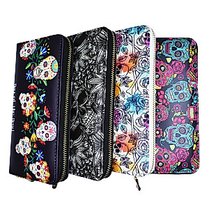 Laimi Duo Women's Skull Wallet Floral Leather RFID Blocking Purse Clutch Multi Card Case Phone Holder for Ladies