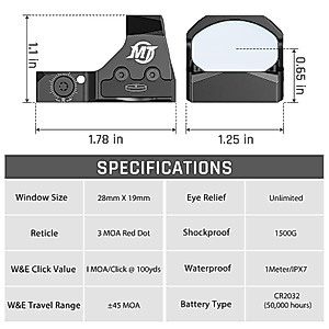 MidTen S01 Shake Motion Awake Red Dot Sight for RMR, Adapter for GL MOS & Picatinny Included, 3 MOA Pistol Scope Optics Sight for Full Size Handgun, 28mm Large Aspheric Lens 1500G Shockproof