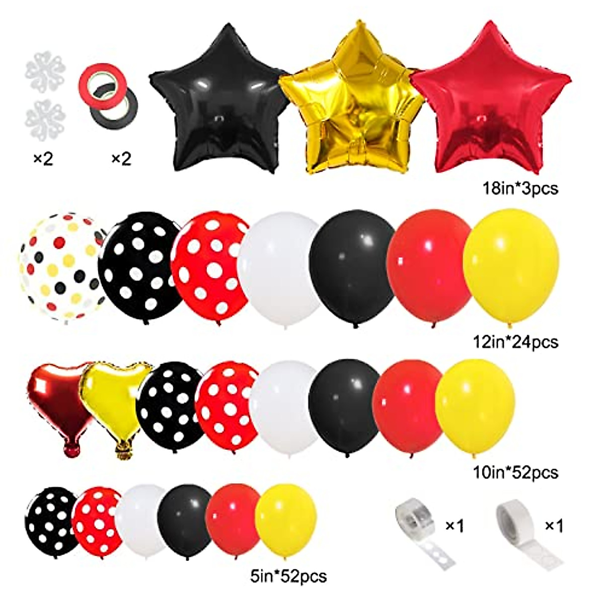 JULLIZ 142pcs Mickey Mouse Balloons Garland Kit, Foil Confetti Black Red Yellow White for Cartoon Mickey Theme Birthday Shower Decorations
