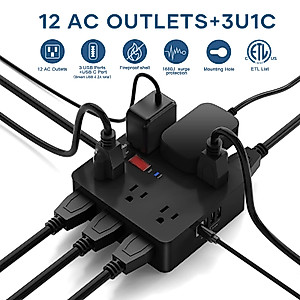 Surge Protector Power Strip - Eienko 6 Ft Extension Cord with 12 Widely Outlets, 3 Side Outlet Extender with 4 USB Ports, Flat Plug, Wall Mount, Desk USB Charging Station, ETL,Black
