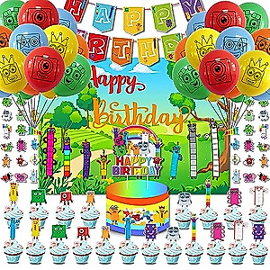 107 Pcs Number Blocks Birthday Party Supplies - Number Birthday Decorations Include Banner, Latex Balloons, Cake Topper, Cupcake Toppers, Backdrop, Stickers, Digital Themed Block Party Gift Sets