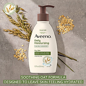 Aveeno Daily Moisturizing Facial Cleanser for Dry Skin, Gentle Face Cleanser with Soothing Oat for Skin that Feels Soft & Supple, Removes Dirt, Oil and Impurities, Fragrance Free, 12 FL OZ