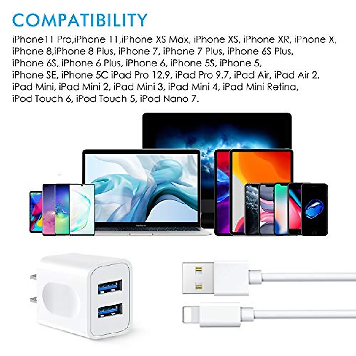 iPhone Charger, 2 Port USB Plug Wall Charger Travel Adapter with MFi Certified 2Pack 3FT Lightning Cable Compatible with iPhone 11 Pro Max/11 Pro/11/Xs Max/Xs/XR/X/8/7/6/SE and More