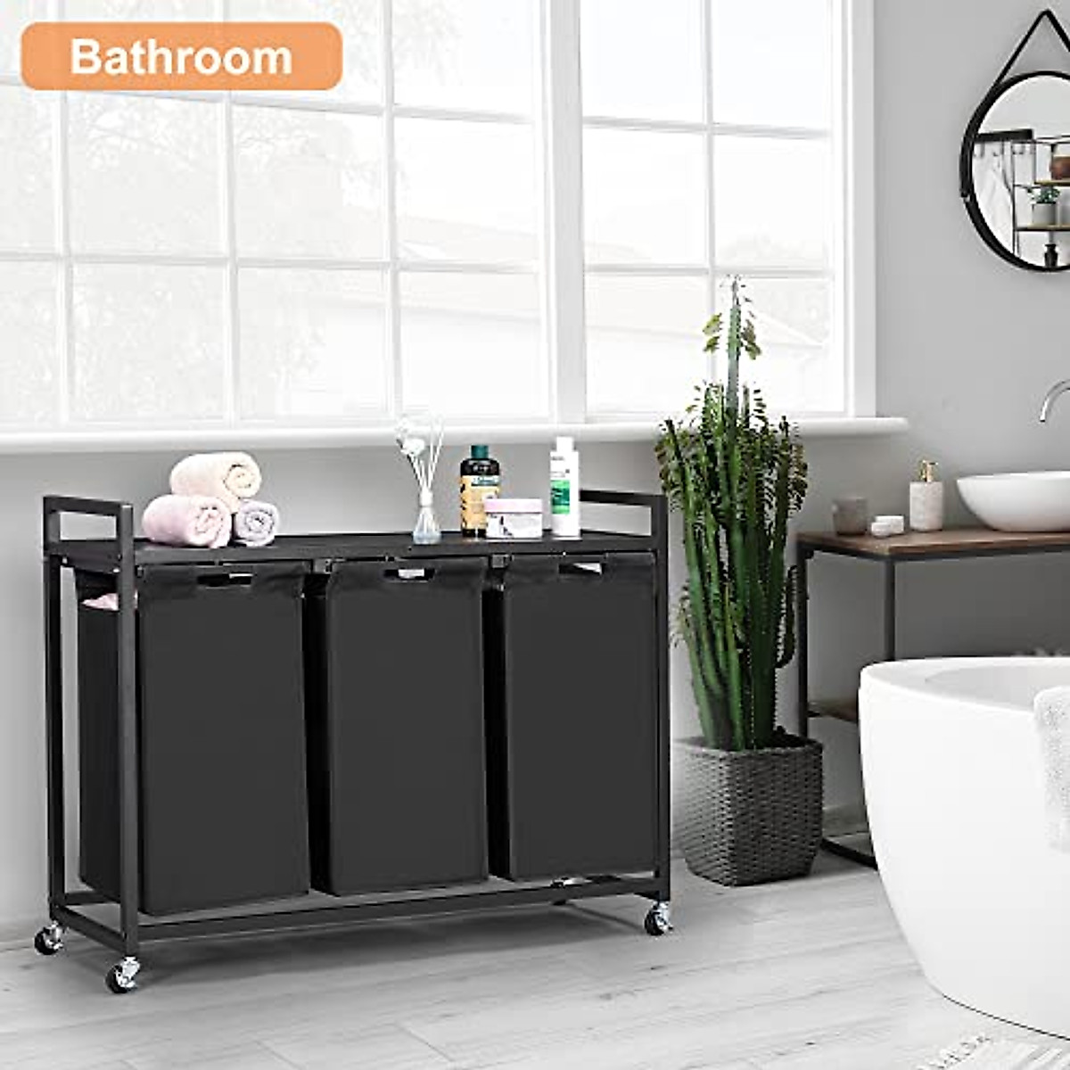 Herture Laundry Basket, 3 Compartment Laundry Hamper, 3 x 10 Gal (38L), with Shelf Rolling Laundry Sorter Organizer, Pull- Out Laundry Sorter with 3 Removable Laundry Bags Black PF01XLB