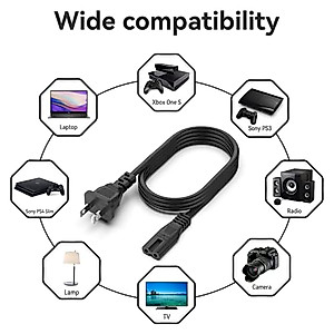 AC Power Cord for Sony PS3 PS4 PS5, Xbox One S, Xbox One X, Xbox Series X/S Power Supply Cable Replacement 2 Prong AC Power Cord 6Ft