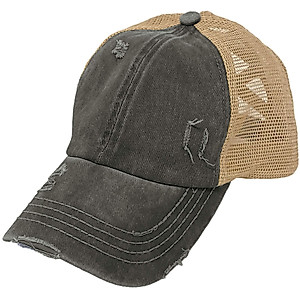 C.C Ponytail Criss Cross Messy Buns Ponycaps Baseball Cap Dad Trucker Mesh Hat (Distressed Black/Beige)