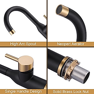 WOWOW Bar Sink Faucet Black and Gold Modern Single Handle Bar Faucet 1 Hole Small Kitchen Sink Faucet 360 Swivel RV Sink Faucet Mini Bar Tap with Water Supply Hoses
