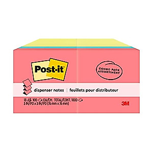 Post-it Dispenser Pop-up Notes, 3x3 in, 18 Pads, Assorted Colors, Clean Removal, Recyclable