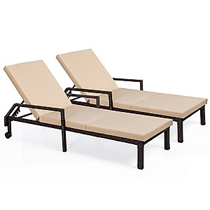 AECOJOY Outdoor Lounge Chairs Set of 2, Outdoor Chaise Lounge with Thickened Cushion and Adjustable Backrest for Poolside Backyard Deck Porch Garden, Brown Rattan with Beige Cushion