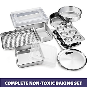 12-Piece Stainless Steel Baking Pans Set, P&P CHEF Kitchen Bakeware Set, Include Baking Sheet with Rack, Round/Square Cake Pan, Lasagna Pan, Loaf Pan, Muffin Pan, Pizza Tray & 2 Covers, Durable