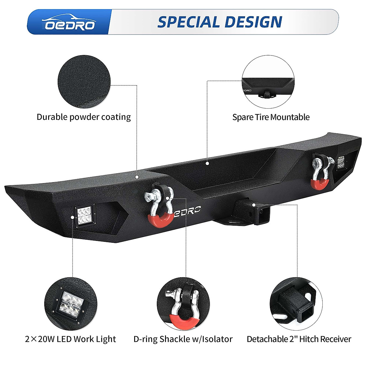 OEDRO Rear Bumper Compatible for 2007-2018 Jeep Wrangler JK Unlimited, Rock Crawler Bumper with Hitch Receiver & 2X LED Lights Off Road Textured Black