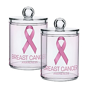 Breast Cancer Awareness 2 Pack 10 OZ Qtip Holder Dispenser for Cotton Ball, Cotton Swab, Cotton Round Pads, Floss, Plastic Apothecary Jar Set for Bathroom Canister Storage Organization, Vanity Makeup Organizer