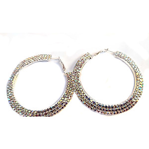 Large Crystal Iridescent Rhinestone Hoop Earrings 2.5 Inch ABS Rhodium Crystal Hoop Earrings