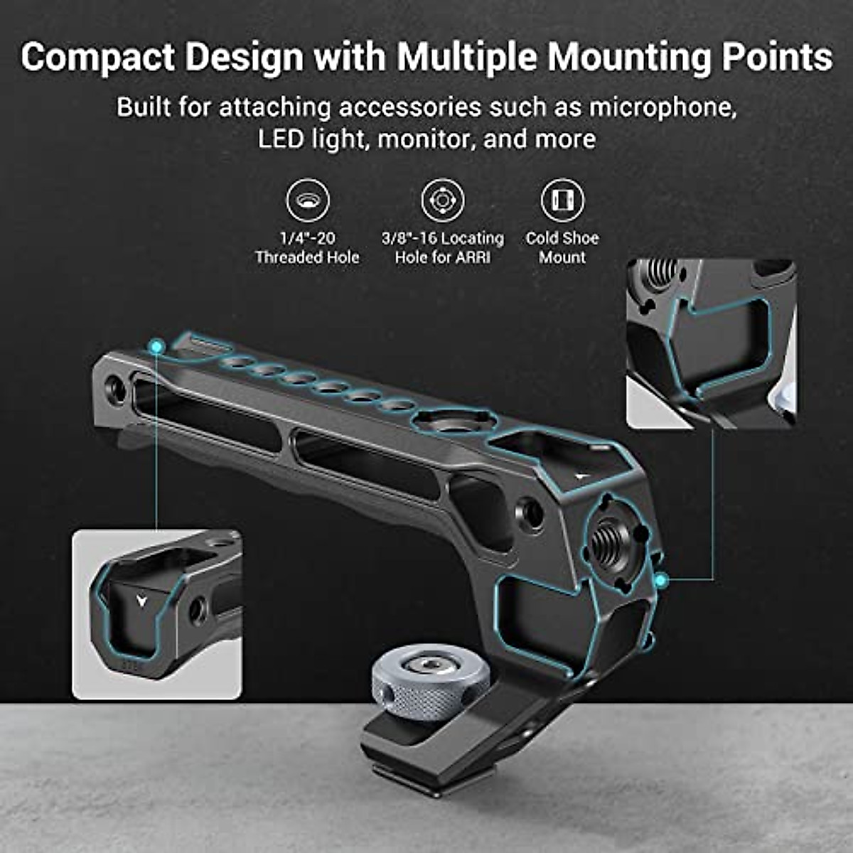 SmallRig Lightweight Cold Shoe Top Handle, Grip for DSLR Camera Cage, Universal Top Handle with 5 Cold Shoe Adapters and Cold Shoe Base (Lite) - 3764