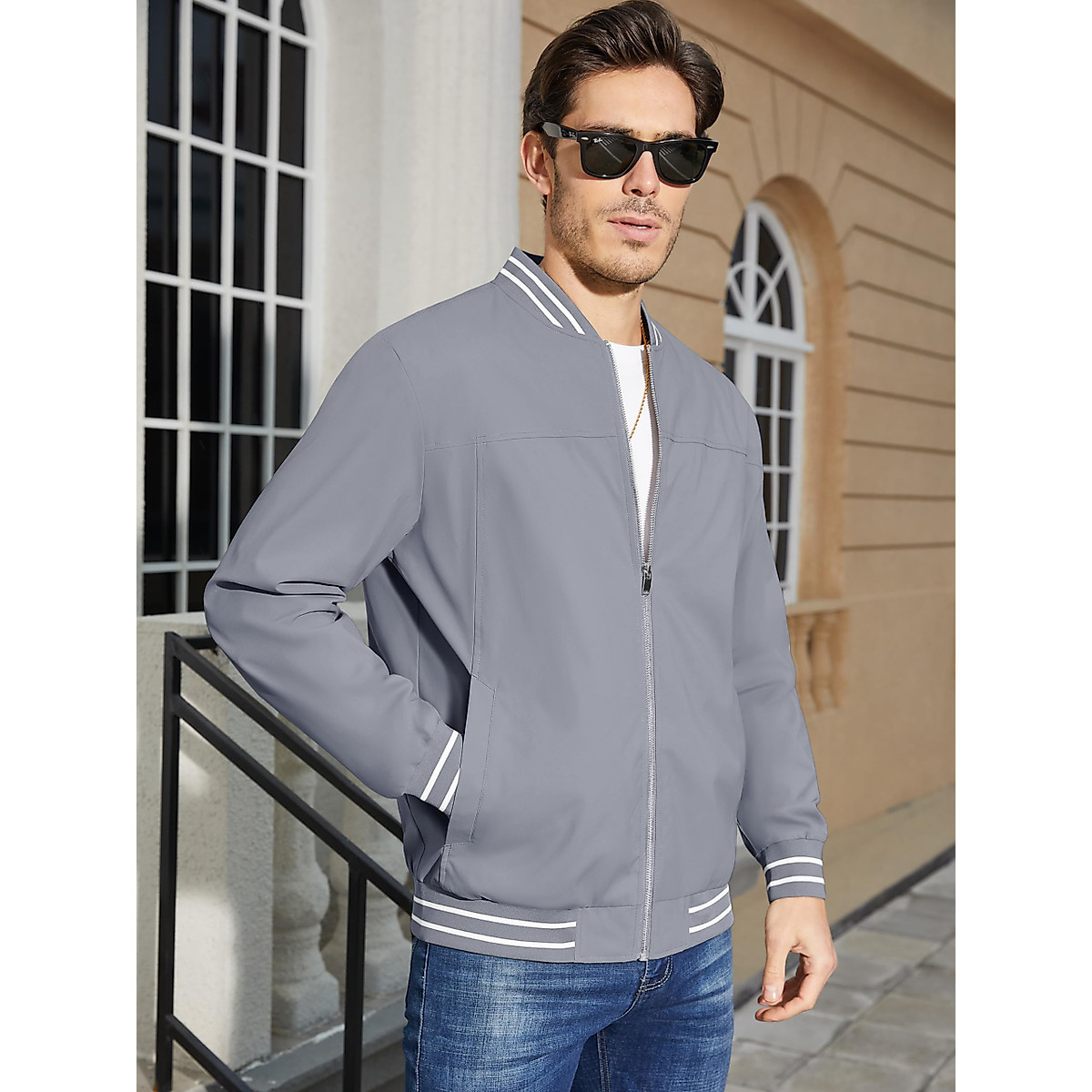 MAGCOMSEN Bomber Jackets for Men Lightweight Jacket Casual Windbreaker Jackets Windproof Zip Up Coats with 5 Pockets Light Grey, L