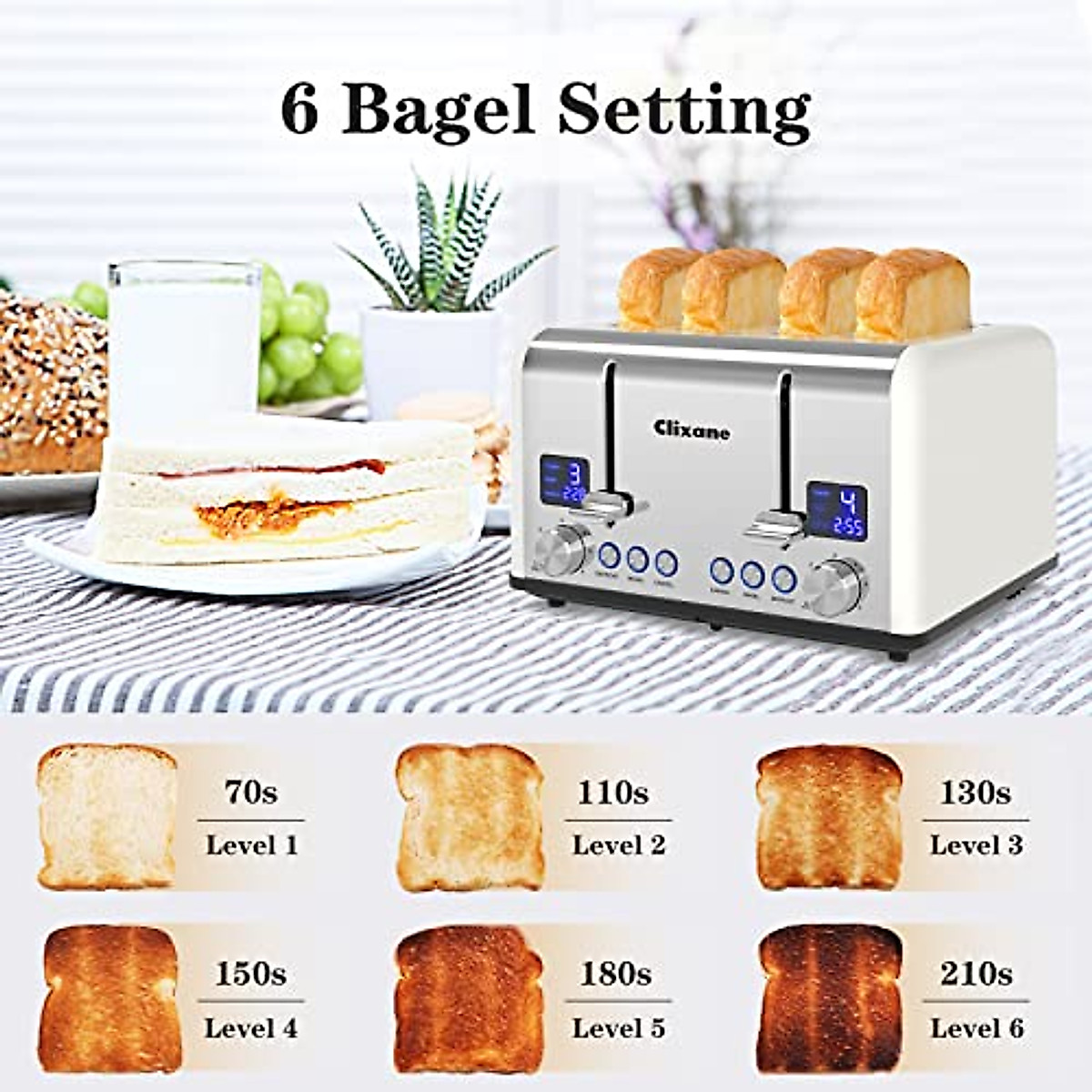 Toaster 4 Slice,1.5"Extra Wide Slot Stainless Toaster with Bagel Defrost Cancel Function, Dual Screen, Removal Crumb Tray (White)