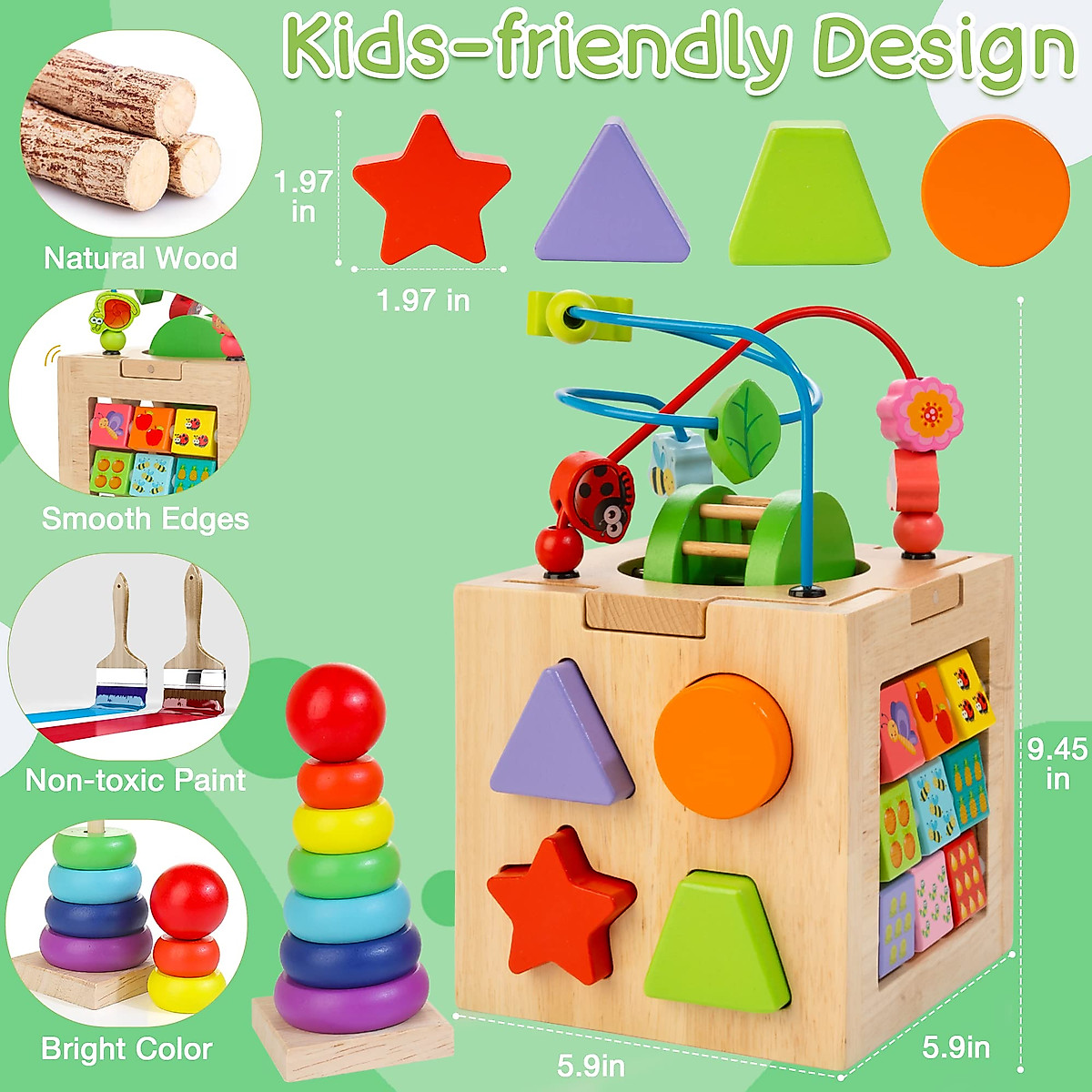 Kizfarm 8-in-1 Activity Cube Wooden Montessori Toys for 1+ Year Old, Bead Maze Shape Sorter Developmental Learning Toys, Bonus Sorting & Stacking Toys for 12M+ Toddlers, Gift Packaging