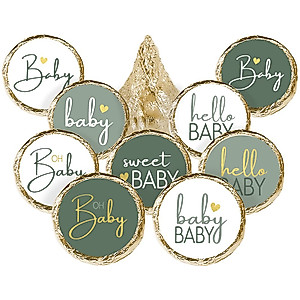 Green and Gold Baby Shower Party Favor Kisses Candy Stickers, Sweet Baby Party Favors - 180 Labels