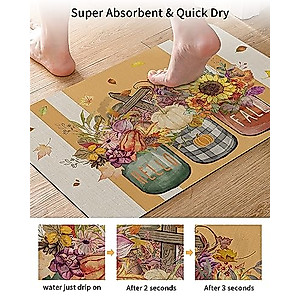 Bath Mat for Bathroom Non Slip Thanksgiving Fall Sunflowers Pumpkin Autumn Plants Diatomaceous Earth Bath Mats Highly Absorbent Door Mat Diatom Mud Washable Bathroom Mat for Tub Shower 18x30 Inch