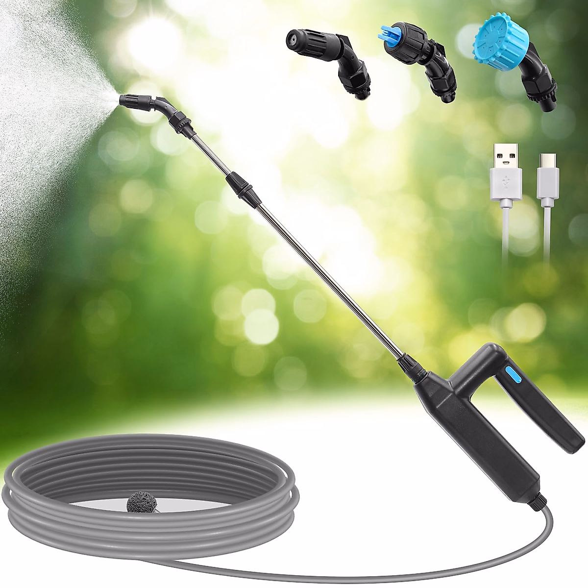 SideKing Battery Powered Sprayer Wand, 23.6inch Electric Sprayer Telescopic Watering Wand with 16.4FT Hose, Rechargeable and Portable Spray Wand for Gardening (3 Nozzles)