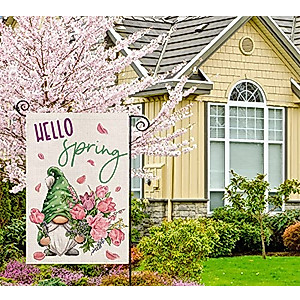 Hello Spring Garden Flag for Outside 12x18 Double Sided,Gnome with Flowers Small Yard Flag, Summer Seasonal Decors for Outdoor Anniversary Wedding Farmhouse Holiday