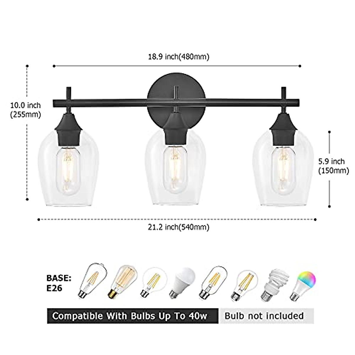 XGFOURSEVEN 3-Light Black Bathroom Lighting Fixture, Vintage Vanity Light with Clear Glass Shade,Modern Wall Lamp for Bedroom Hallway Living Room (Black, 3-Light)