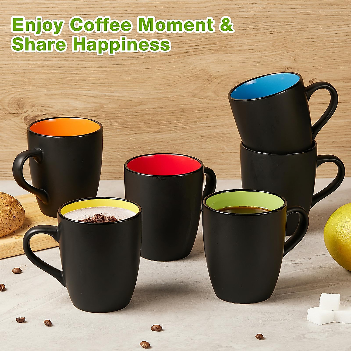 Qipecedm 6 Pack Porcelain Coffee Mugs Set, 12 Ounces Ceramic Coffee Mugs, Matte Black Coffee Mug, Restaurant Coffee Cups for Coffee, Tea, Cappuccino, Cocoa, Cereal, Black outside and Colorful inside