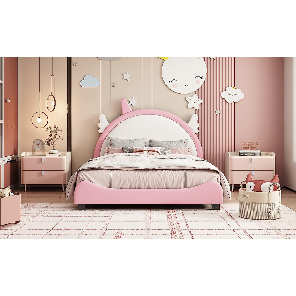 Harper & Bright Designs Full Size Upholstered Princess Bed Frame with Crown Headboard for Boys Girls Kids Toddler,Full Size Platform Bed with Headboard and Footboard,White+Pink (Pink3)