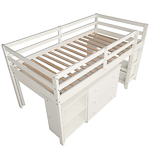 Harper & Bright Designs Low Study Twin Loft Bed with Cabinet and Rolling Portable Desk, White