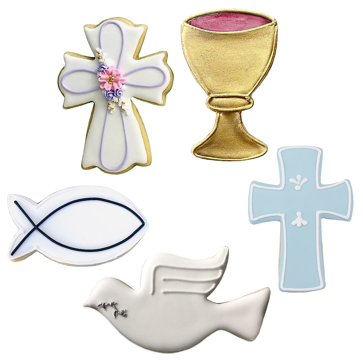 Communion Baptism Confirmation Easter Cookie Cutters 5-Pc. Set Made in the USA by Ann Clark, Chalice, Jesus Fish, Holy Cross, Dove, Fancy Cross