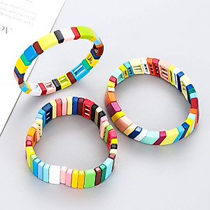 NVENF Tile Bracelets Enamel Rainbow Tile Bead Bracelets Colorblock Stackable Stretch Bracelets Bohemia Tile Strand Bangle Bracelet Set for Women Men