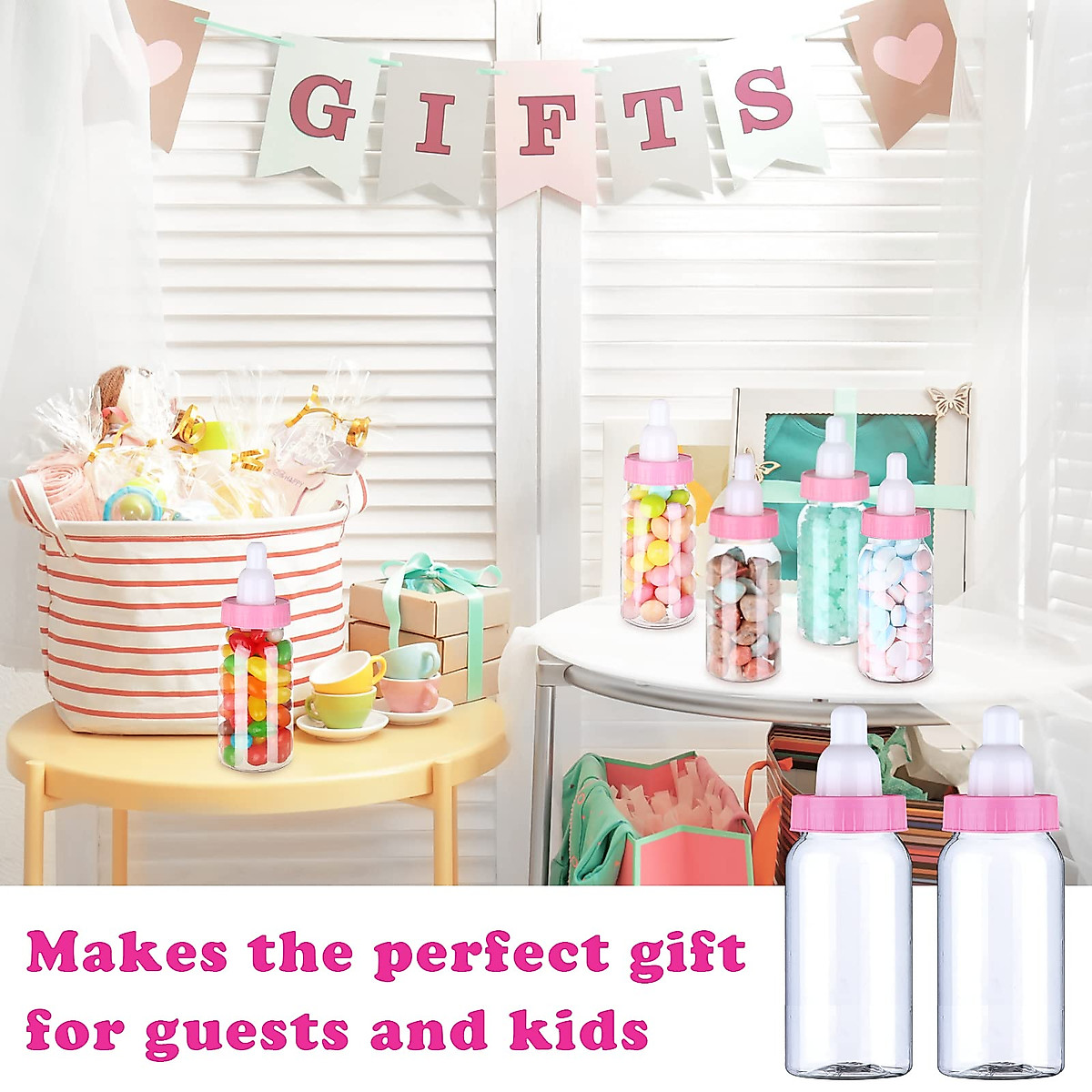 60 Pcs 4 Inch Baby Mini Milk Bottle Baby Shower Favor Fillable Feeding Bottle Candy Box Small Plastic Candy Bottle DIY Gift for Boy Girl Newborn Baptism Party Decor (Pink)