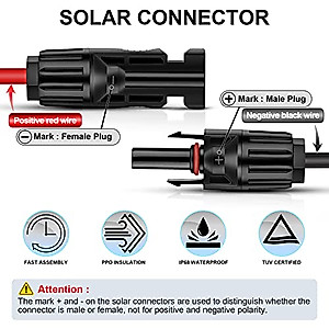 iGreely 1 Pair 6 Feet Black + 6 Feet Red 10AWG(6mm²) Solar Panel Extension Cable Wire with Female and Male Connectors