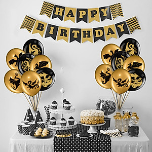 50 Pieces Dragon Theme Party Supplies, Dragon Theme Party Balloons, Black Gold Dragon Balloons Birthday Decoration Dragon Theme Party Picks Fantasy Party for Dragon Fantasy Party Supplies, 12 Inches