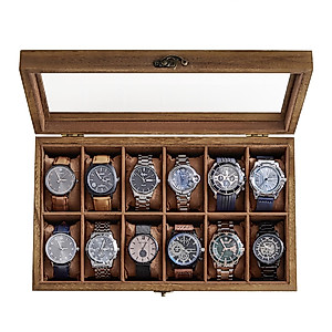 SONGMICS Watch Box, 12-Slot Watch Case, Solid Wood Watch Box Organizer with Glass Lid, Watch Display Case with Removable Pillows, Gift for Loved Ones, Rustic Walnut UJOW120K01