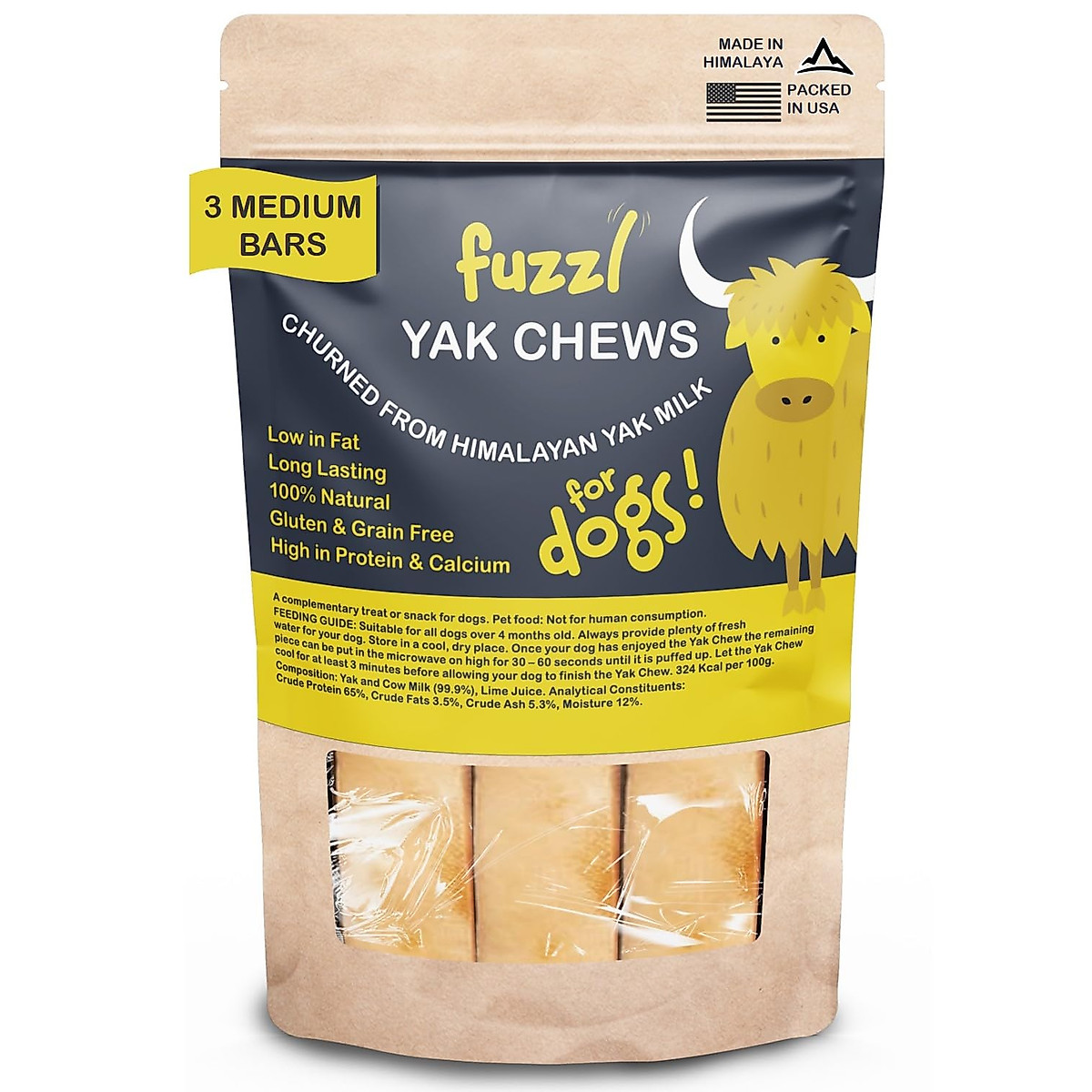 Fuzzl Premium Yak Cheese Himalayan Dog Chews - 3 Bars Medium Natural Dog Treats Milkbone Yak Chews No Hide Dog Food Long Lasting Dog Dental Sticks Milk Chews Cheese Stick