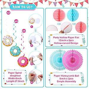 20 Pcs Donut Birthday Party Decorations, 8 Pcs Donut Lanterns Sprinkle Hanging Paper Lanterns, Honeycomb Ball, 2 Pcs Party Paper Fans, 10 Pcs Donut Hanging Swirl for Baby Shower Ice Cream Party
