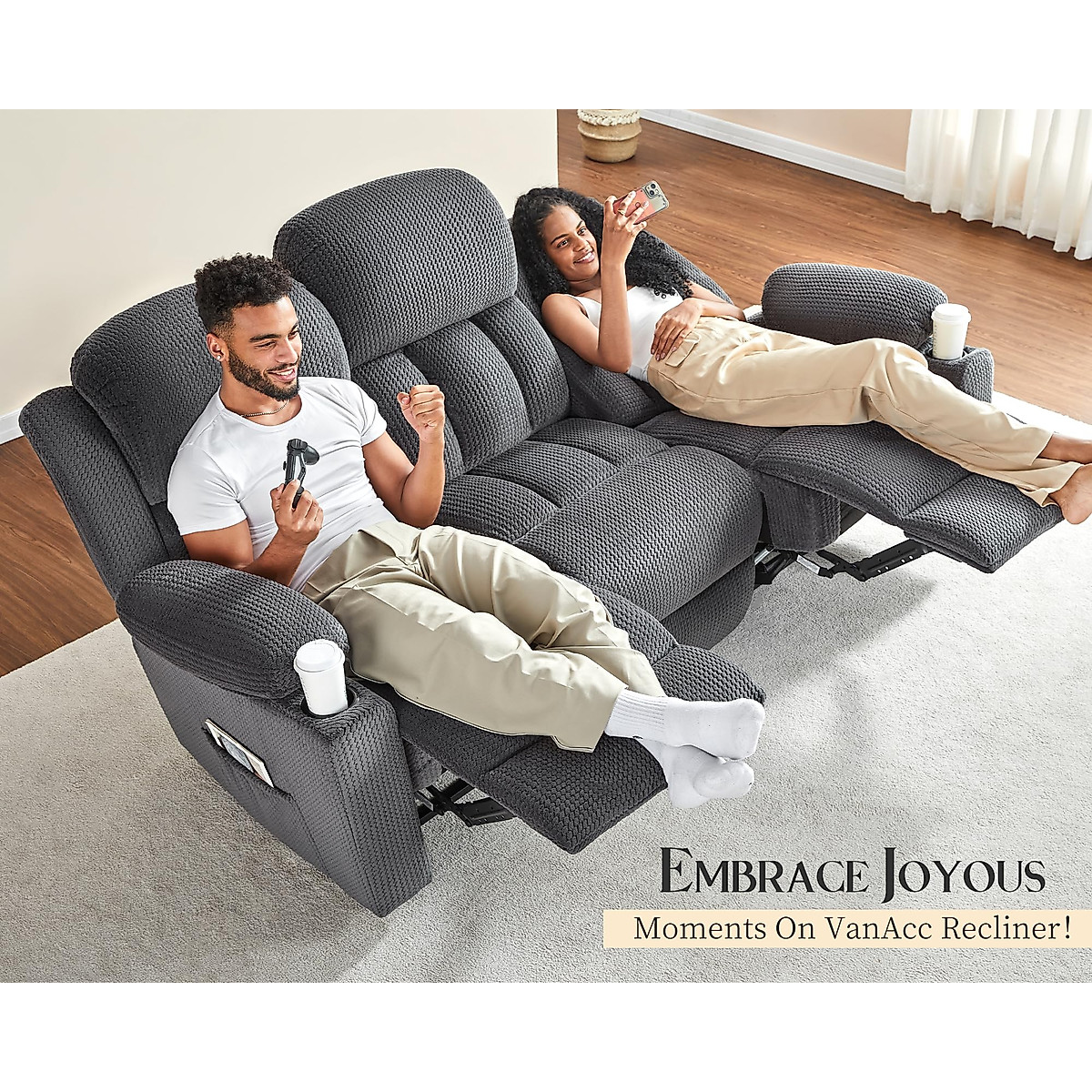 VanAcc Recliner Couch, 3 Seater Sofa Recliner with Cup Holders for Living Room- 85 inch Comfy Couch with Dual Wingback Recliner, Grey Oversized Recliner