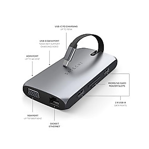 Satechi USB C Hub Multiport Adapter, USB C Docking Station 9 in 1, 4K HDMI, 100W USB C PD Charging, USB C Data, 2 USB-A, GbE, Micro/SD Card Readers, VGA, for MacBook, Windows - Space Gray