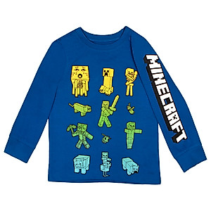 Minecraft Characters Boys Long Sleeve T-Shirt, 2-Pack Bundle Set for Kids and Toddlers (Size 10/12, Green/Royal)
