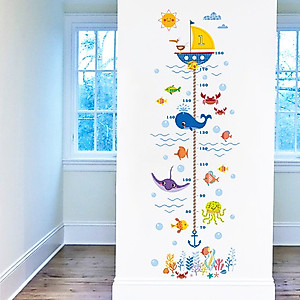 Wland 22 inches x 67 inches Undersea Fish Whale Octopus Crab Growth Chart Removable Vinyl Wall Decals Stickers for Children Room Nursery