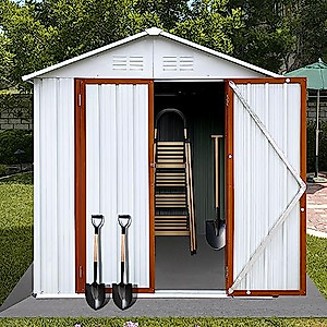 Zevemomo 6 x 4 ft Outdoor Storage Shed, All Weather Metal Shed with Lockable Door, Tool Shed Outdoor Storage for Garden, Patio, Backyard, Lawn, White and Yellow