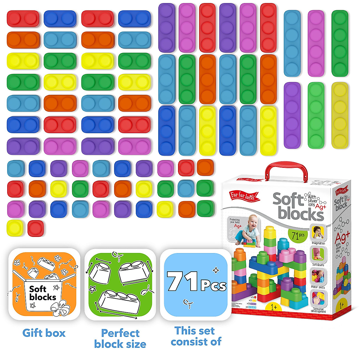 Far far land -Super Soft Building Blocks for Toddlers Ages 1-3 Years– Teaches & Enhances Creativity and Fine Motor Skills- STEM Building Set - 71 Pieces