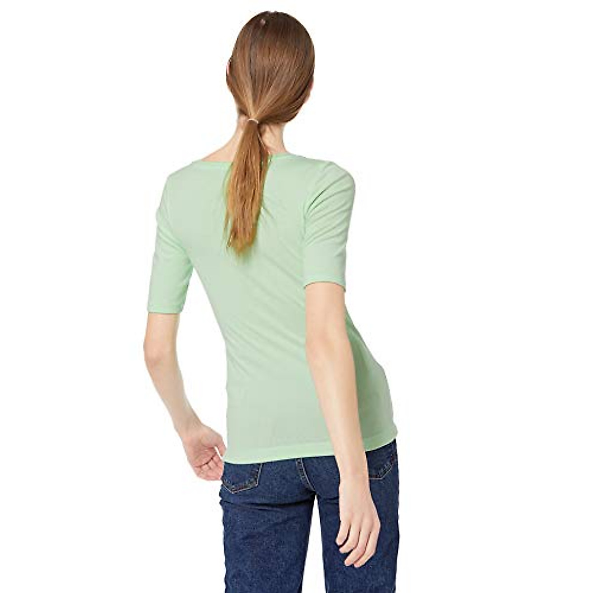 Amazon Essentials Women's Slim-Fit Half Sleeve Square Neck T-Shirt, Green, Medium