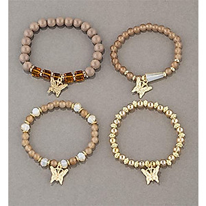 Fuqimanman2020 Boho 4pcs Butterfly Charm Gold Beaded Stackable Stretch Bracelet Set Crystal Butterfly Colorful Elastic Bracelets-Brown