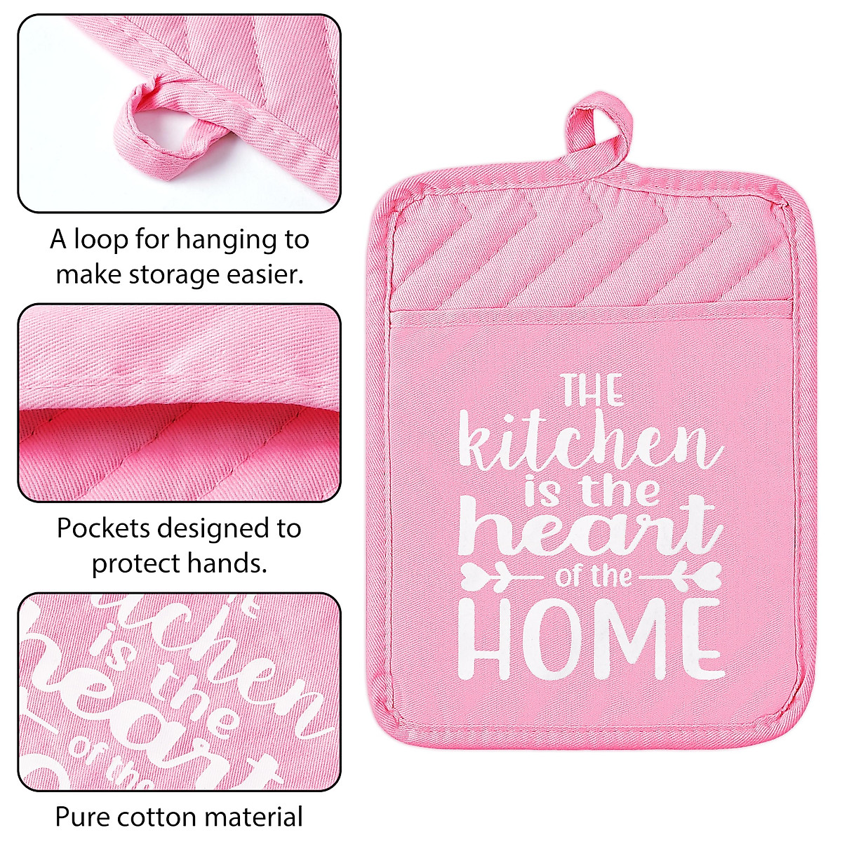 GROBRO7 6Pcs Funny Oven Mitts Pot Holders The Kitchen is The Heart of The Home Heat Resistant Hot Pad Machine Washable Gloves with Hanging Loop Pocket Pot Holder for Baking Cooking Pink