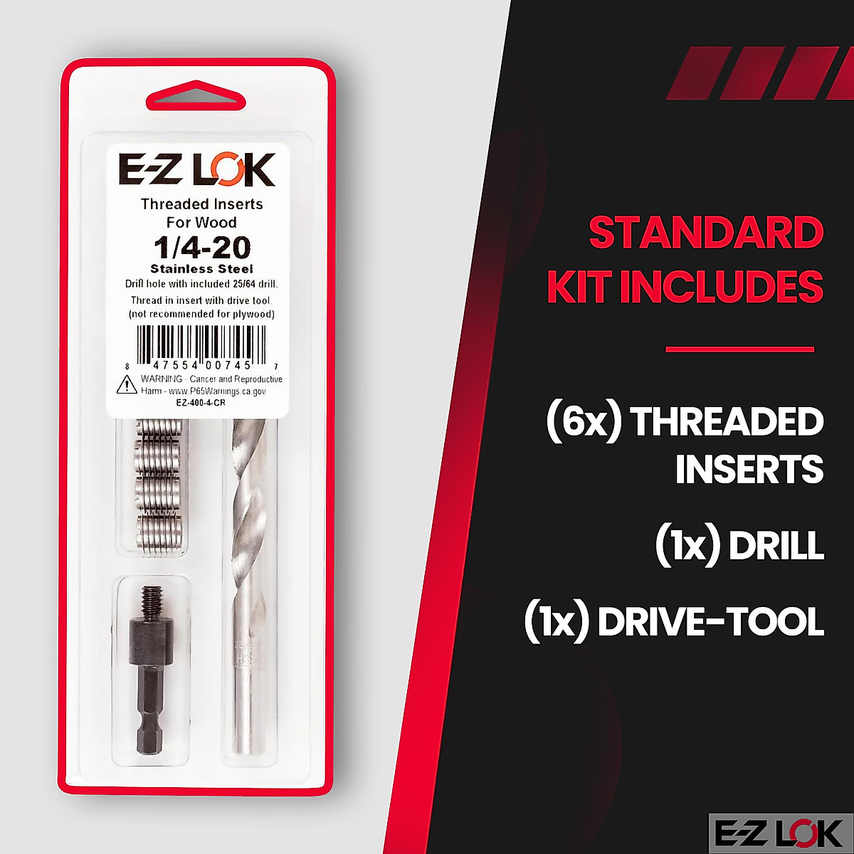 E-Z LOK 400-4-CR Threaded Inserts for Wood, Installation Kit, Stainless Steel, Includes 1/4-20 Knife Thread Inserts (6), Drill, Installation Tool