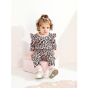 2pcs Baby Girl Leopard Print Ruffle Trim Long-sleeve Pullover and Sweatsuit Pants Clothes Set (6-9 Months) Pink