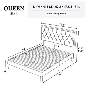 Allewie Queen Size Bed Frame Upholstered Platform Bed with Adjustable Headboard, Button Tufted, Wood Slat Support, Easy Assembly, Blue