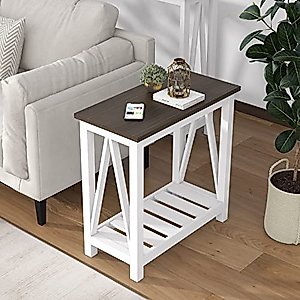 ChooChoo Farmhouse End Table, Rustic Vintage Narrow End Side Table with Storage Shelf for Small Spaces, Nightstand Sofa Table for Living Room, Bedroom White